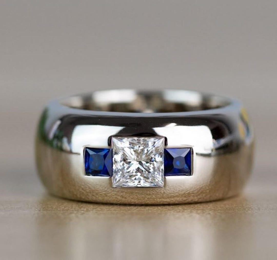 Three Stone Flush Set Proposal Ring, Sapphire Princess Cut CZ Stone ...
