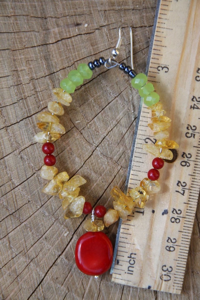 Earrings Citrine Stone Chips Red Coral Lime Green Quartz Rasta Hoops - Etsy