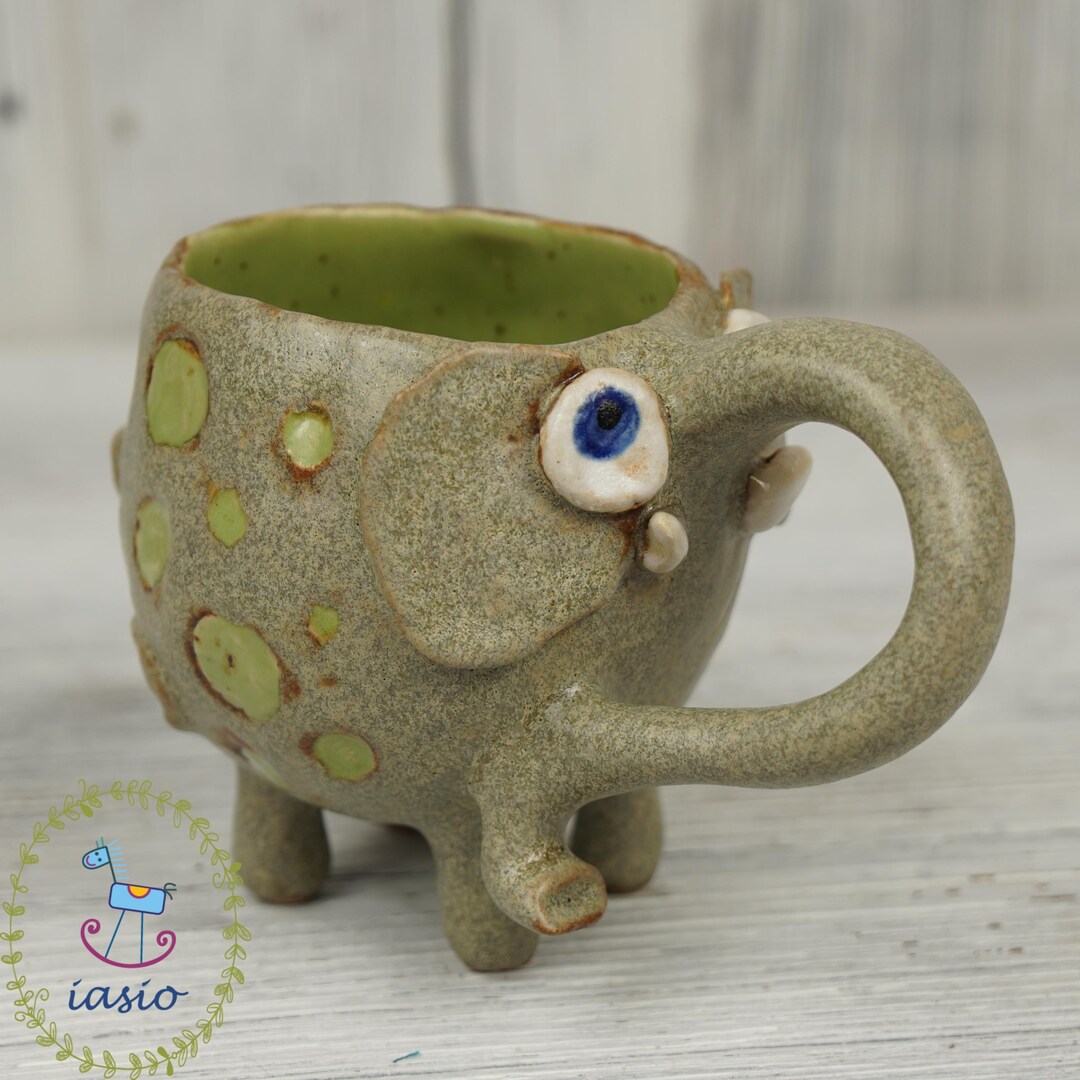 Ceramic Elephant Cup Mug Sculpture Art Pottery Handmade Crazy Colorful ...