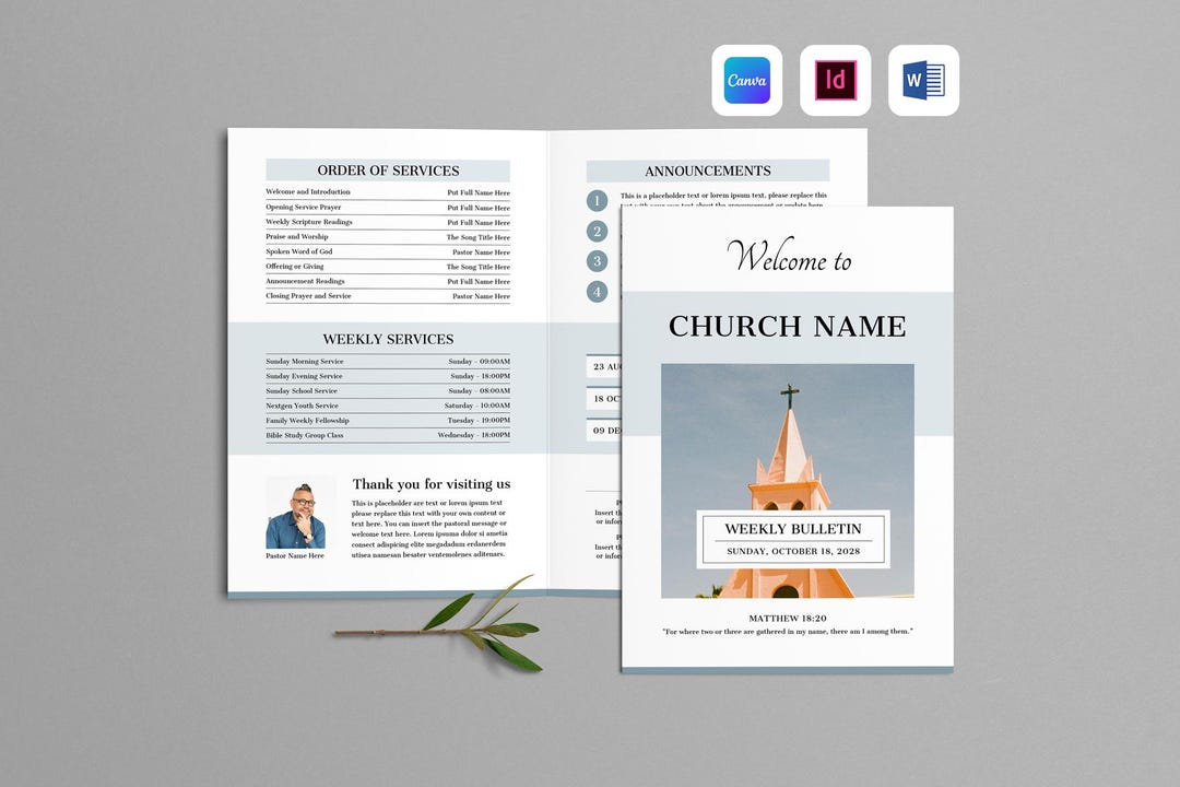 Church Bulletin Template | Church Services Program | Simple Newsletter ...
