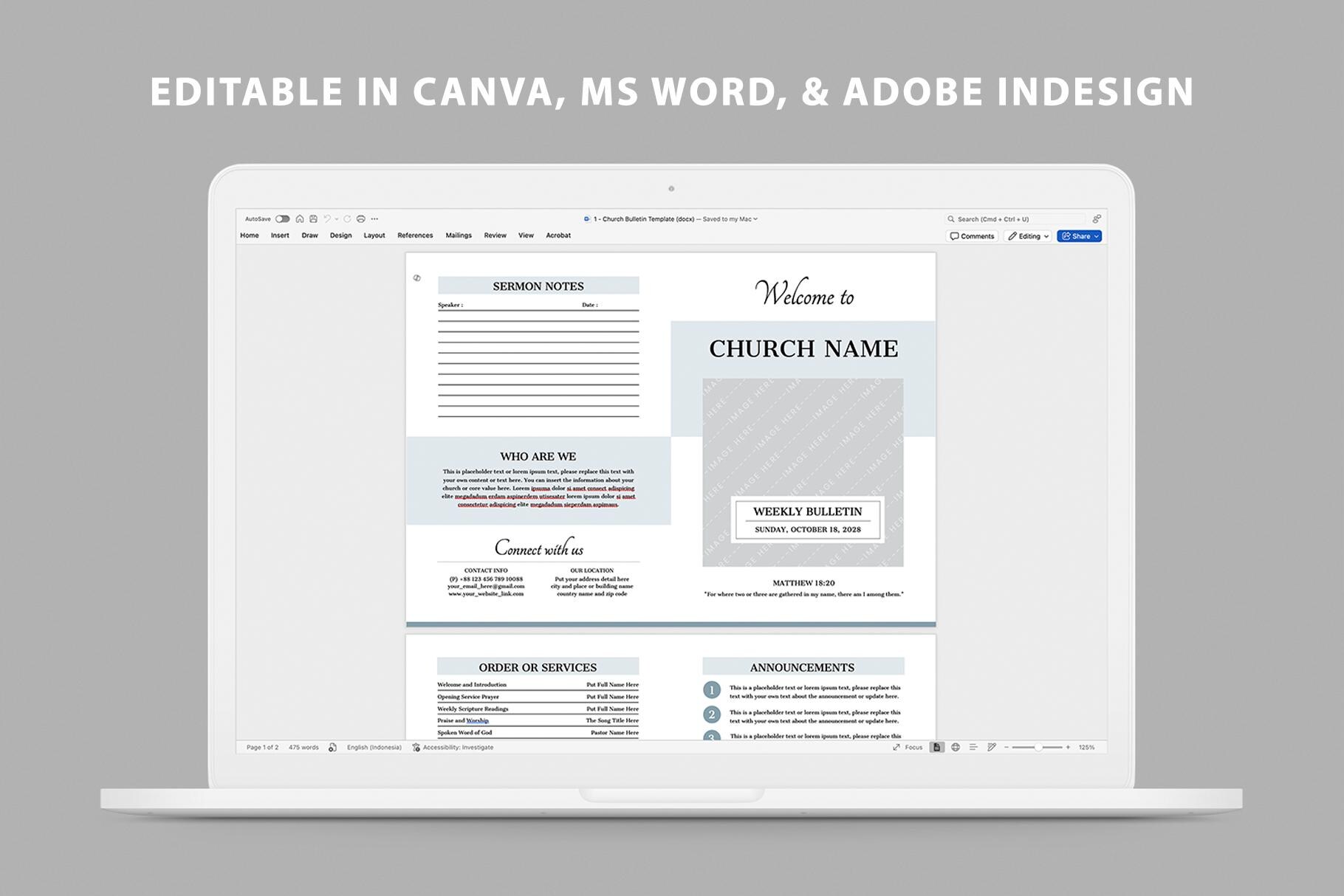 Church Bulletin Template | Church Services Program | Simple Newsletter ...