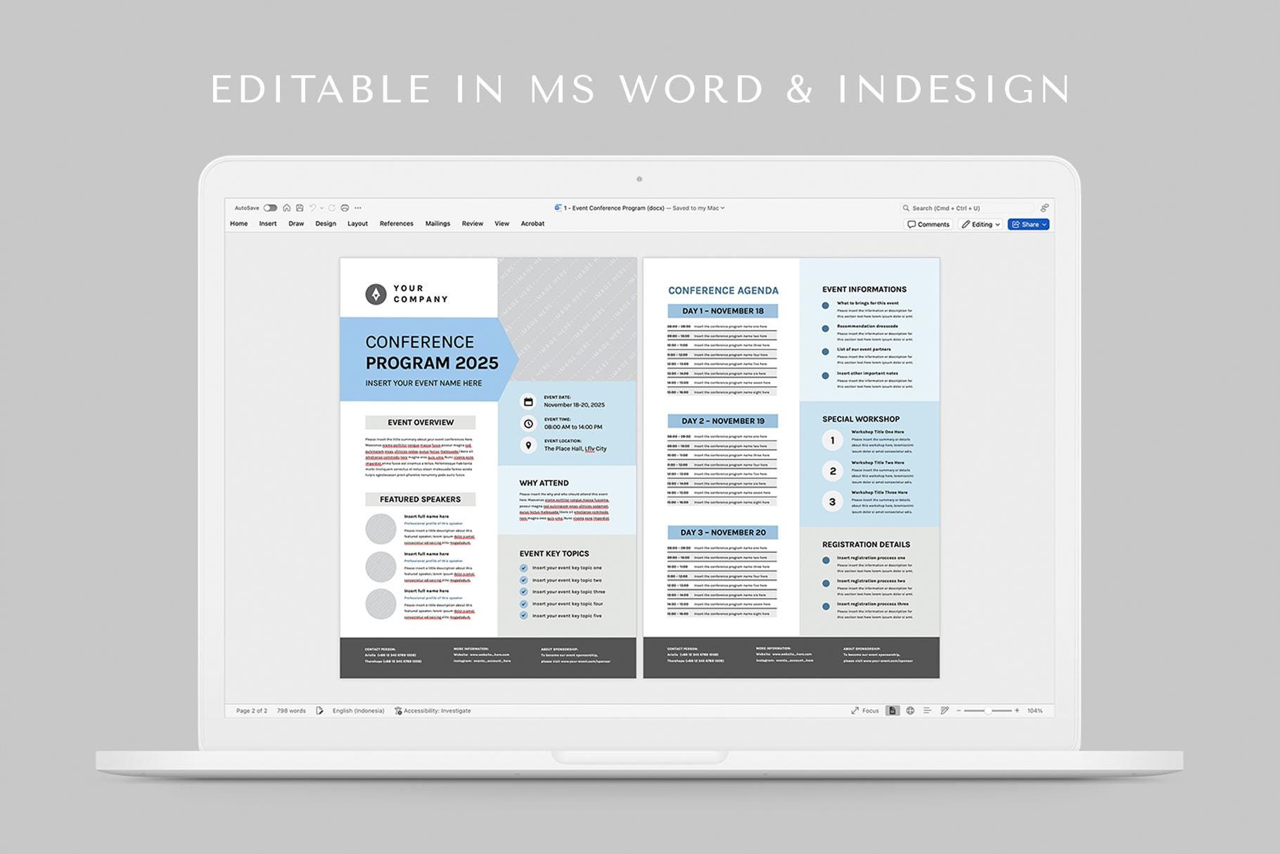 Event Program Template | Microsoft Word | Adobe Indesign | Conference ...