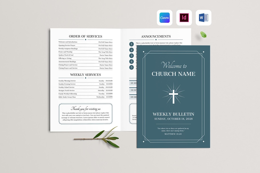 Church Bulletin Template | Church Services Program | Simple Newsletter ...