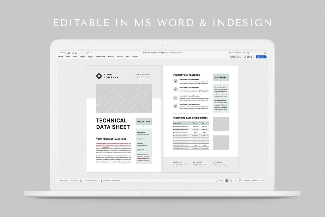 Technical Data Sheet Template | Microsoft Word | Adobe Indesign ...