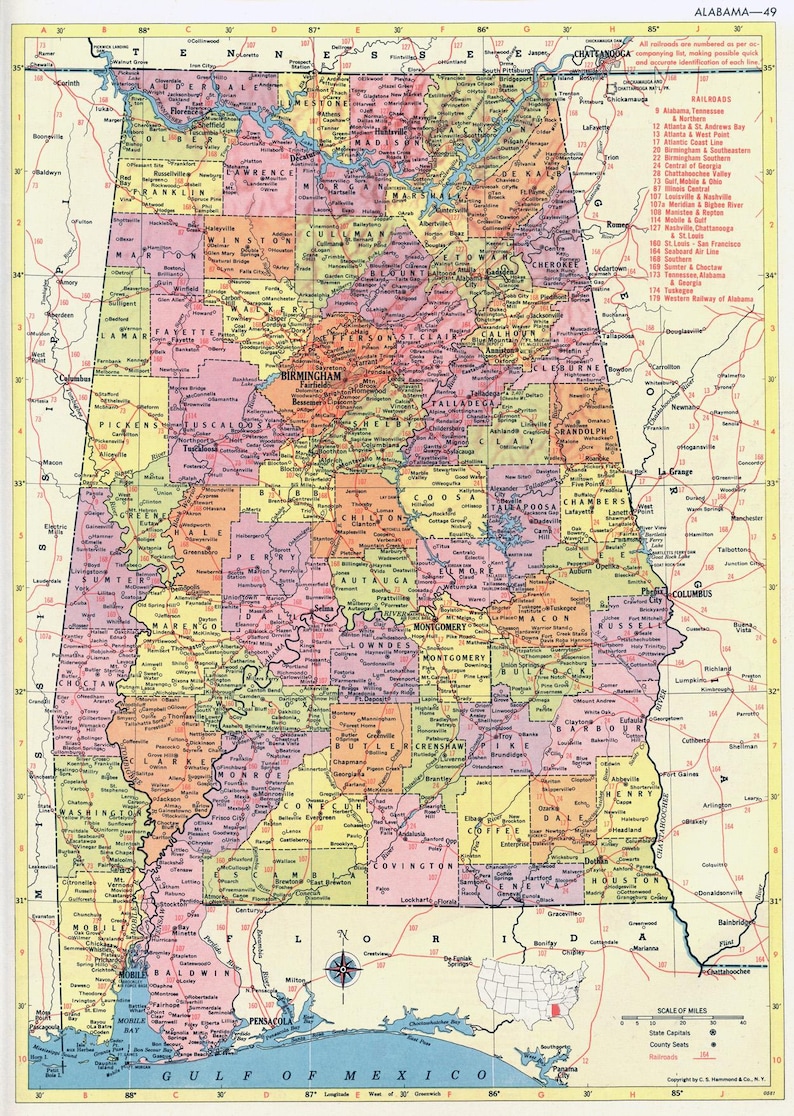 Alabama Map Instant Download - Printable Map, Vintage Map, Home Decor ...