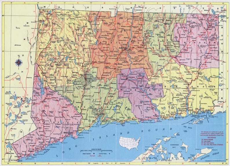Connecticut Map Instant Download - Printable Map, Vintage Map, Home ...