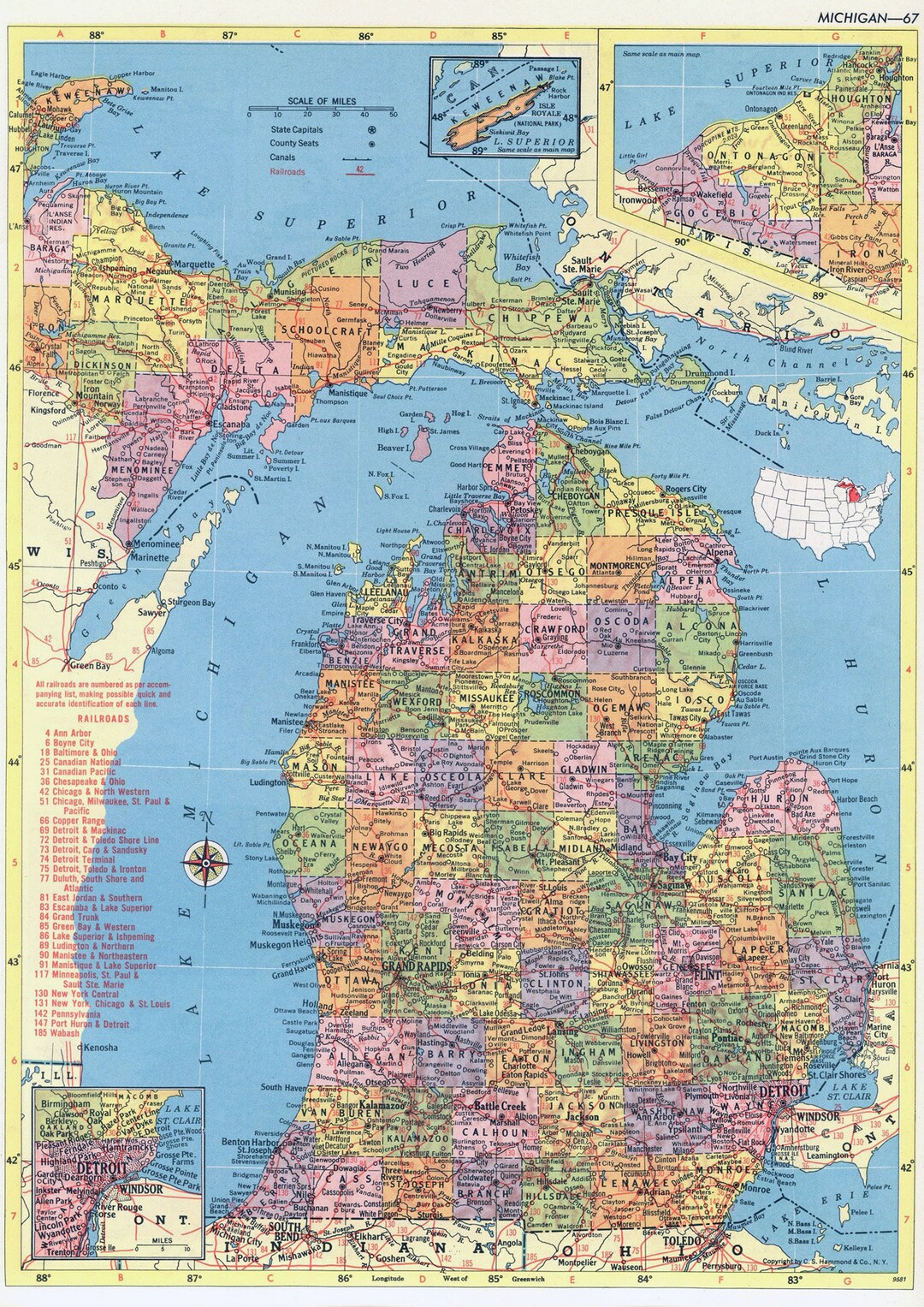 Michigan Map Instant Download Printable Map, Vintage Map, Home Decor ...