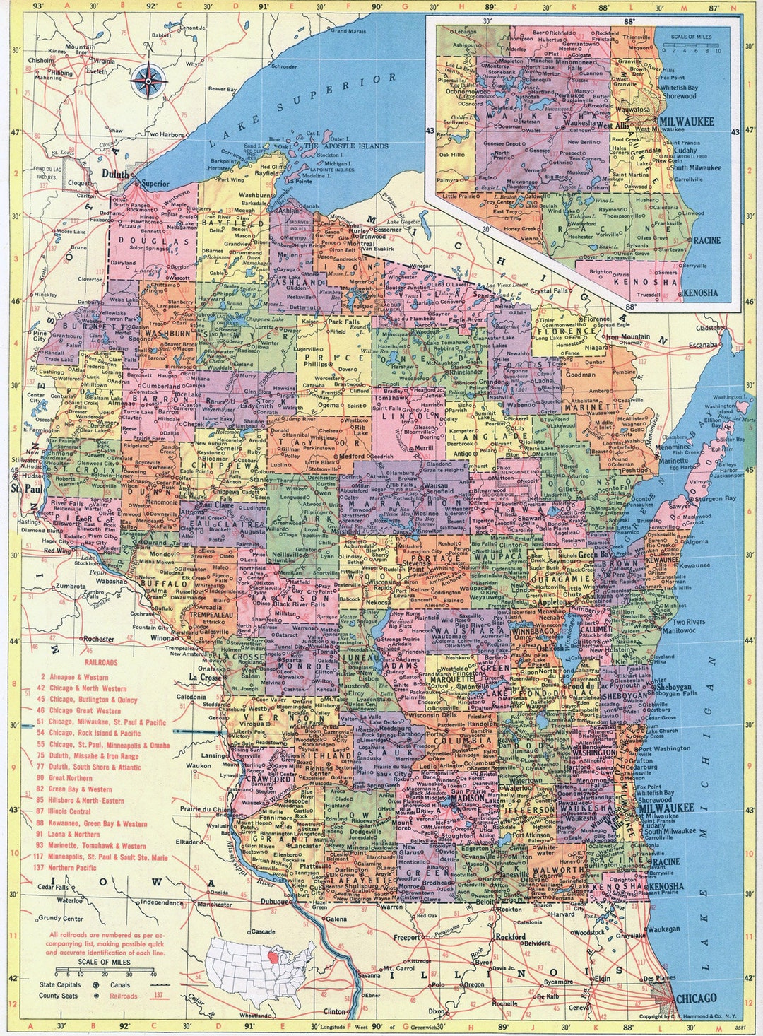 Wisconsin Map Instant Download Printable Map, Vintage Map, Home Decor ...