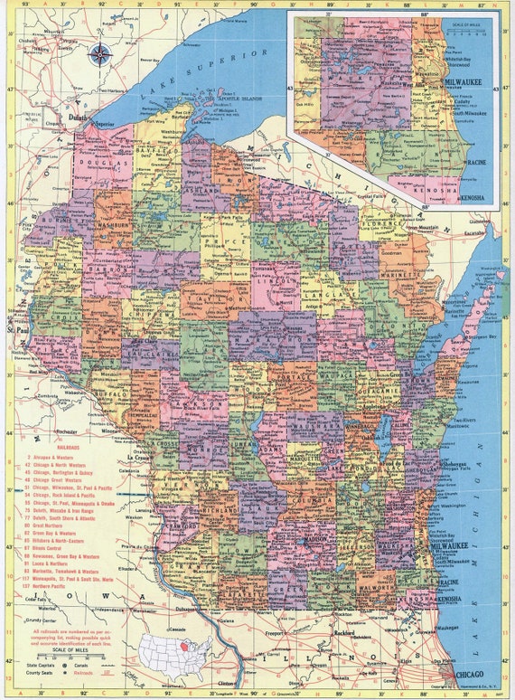 Wisconsin Map Instant Download Printable Map Vintage Map - Etsy