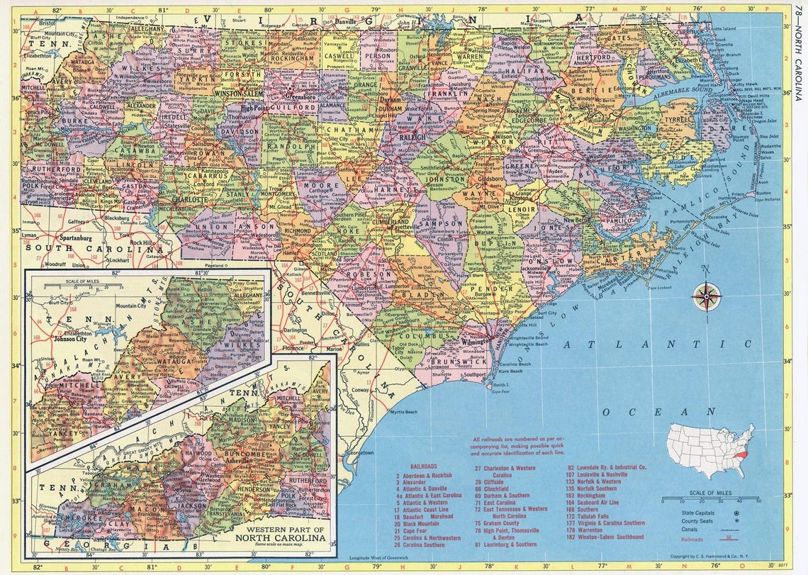 North Carolina Map Instant Download - Printable Map, Vintage Map, Home ...