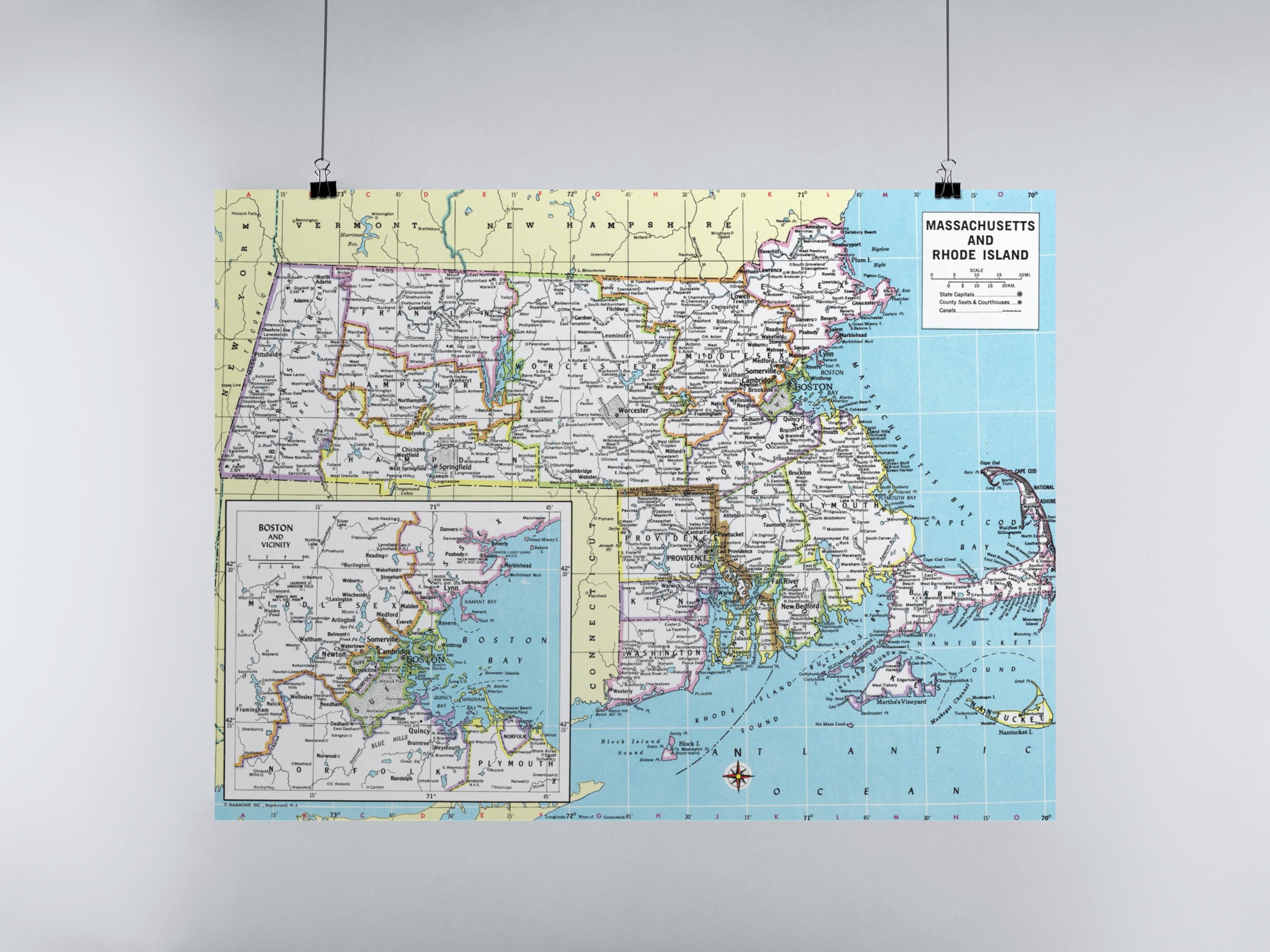 Massachusetts & Rhode Island Map Instant Download - Printable Map ...