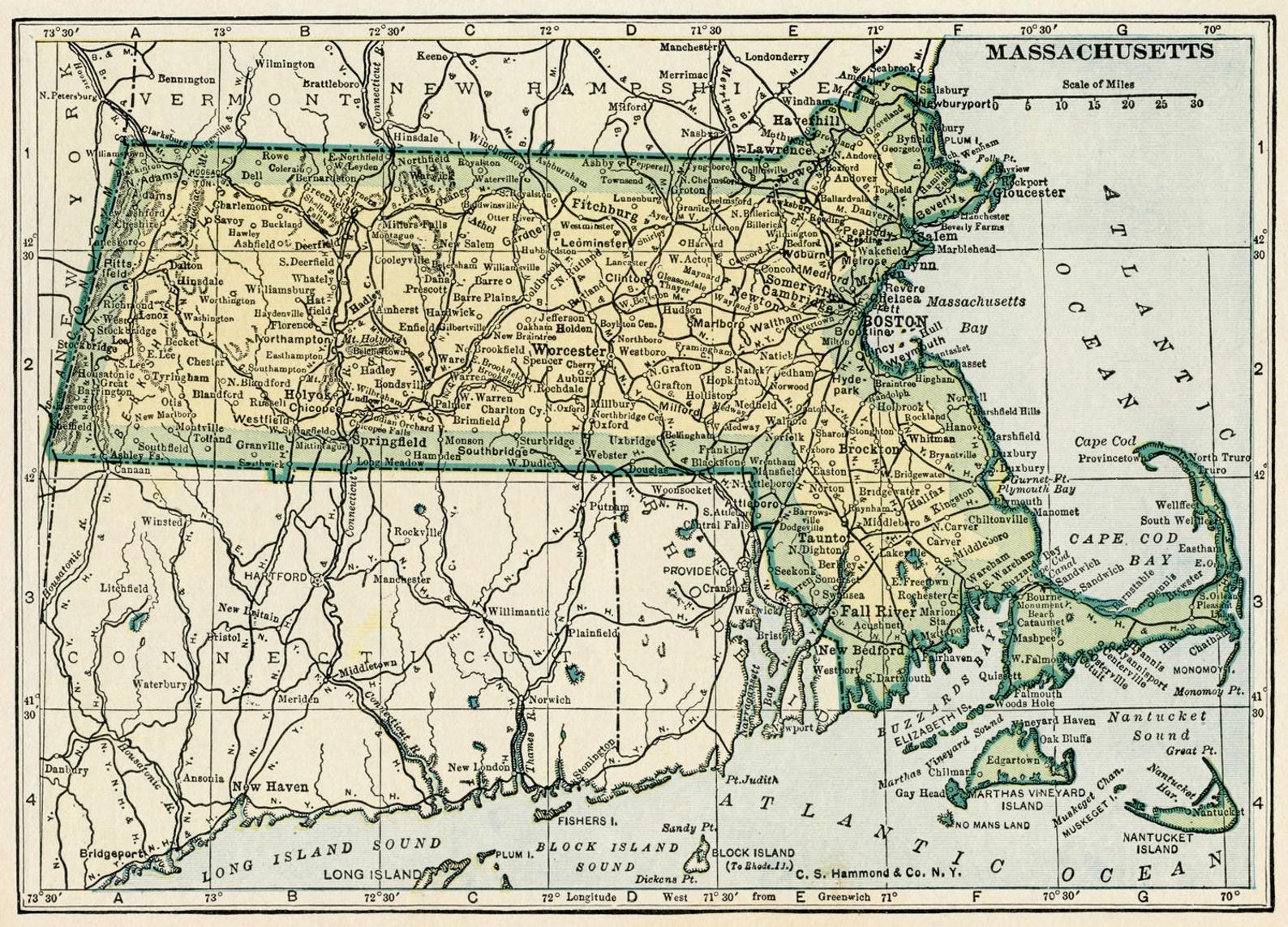 Massachusetts Map Digital Download - Printable Map, Vintage 1923 Map of ...
