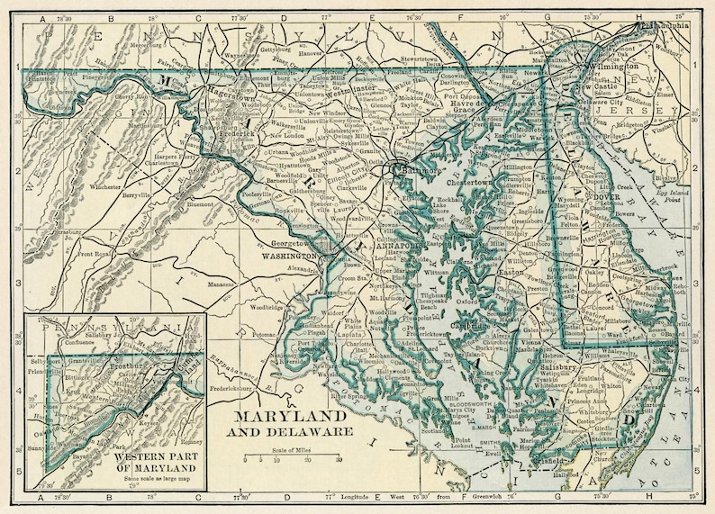 Maryland & Delaware Map Digital Download - Printable Map, Vintage 1923 ...