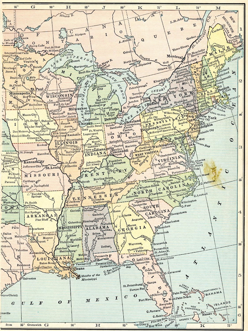 Eastern USA Map Digital Download - Printable Map, Vintage 1923 Map of ...