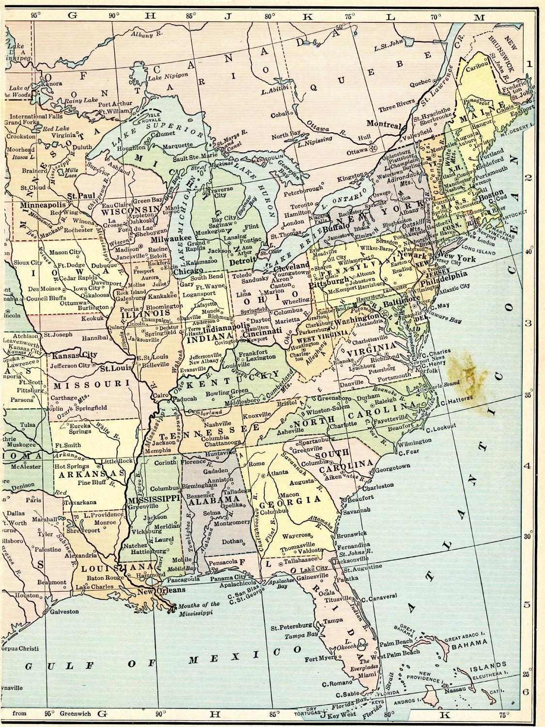 Eastern USA Map Digital Download - Printable Map, Vintage 1923 Map of ...