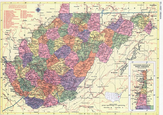 West Virginia Map Instant Download Printable Map Vintage - Etsy