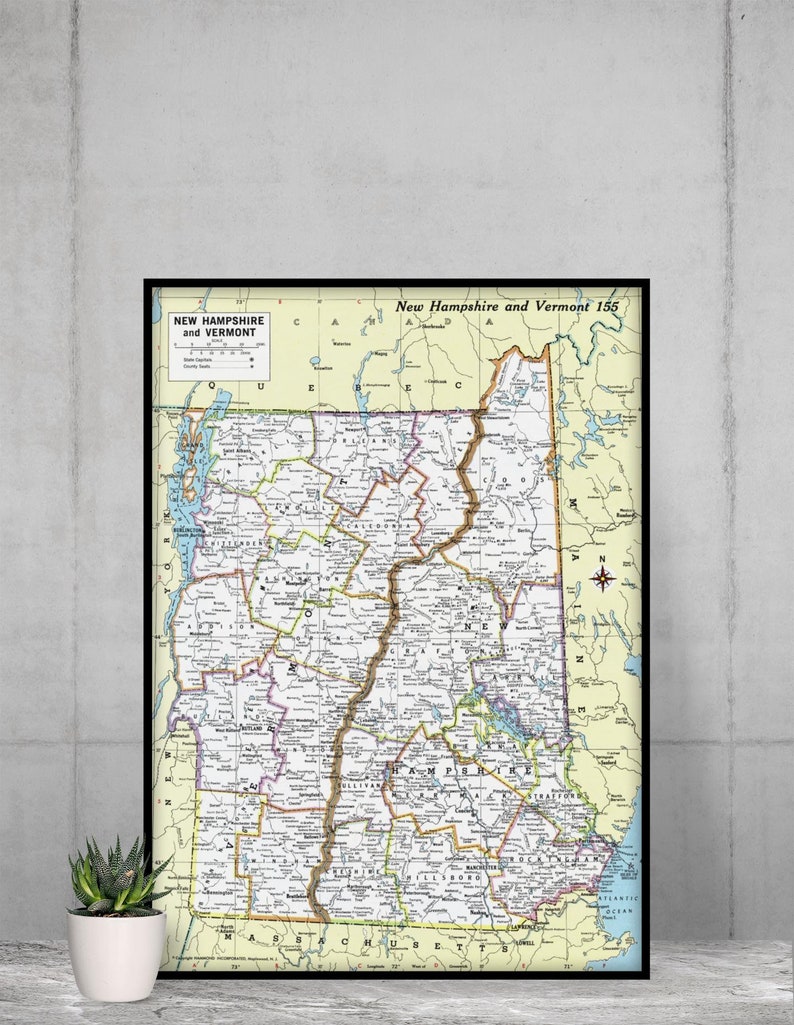New Hampshire & Vermont Map Instant Download - Printable Map, Digital ...