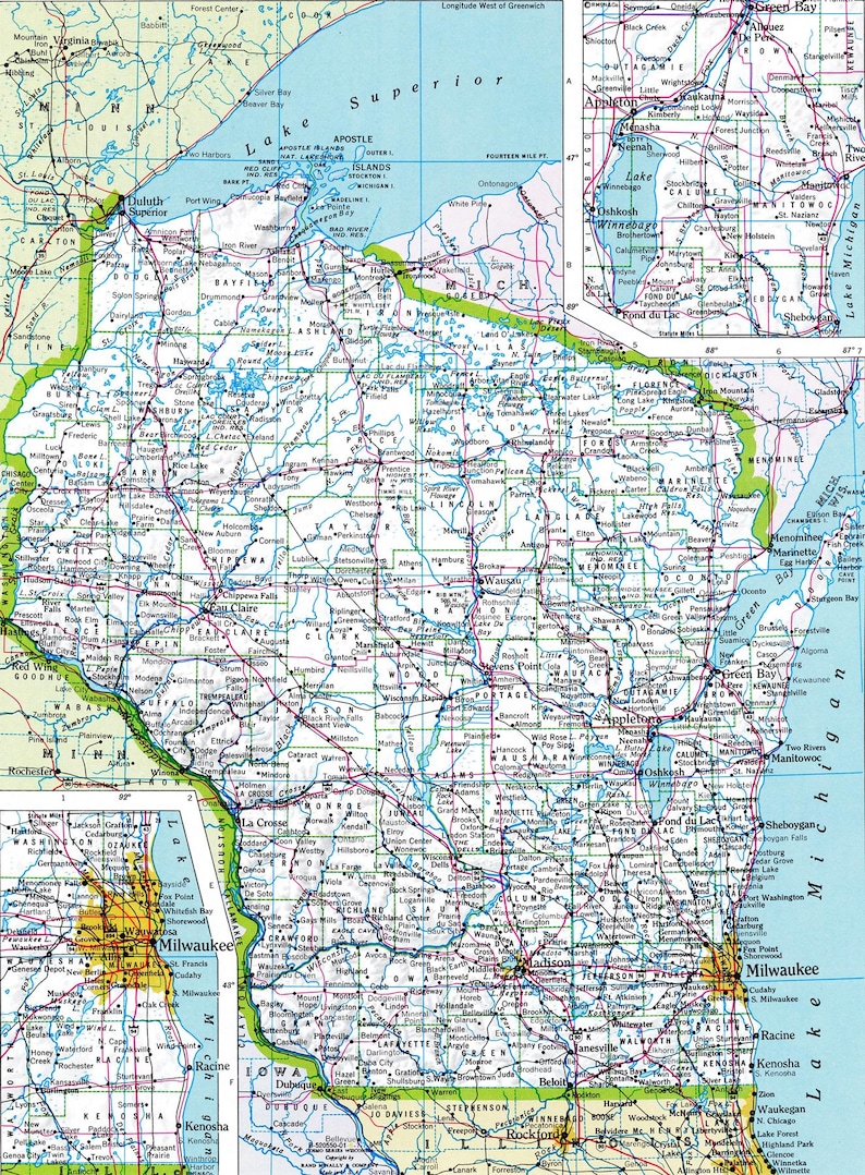 Wisconsin Map Digital Download - Printable Map, Map of Wisconsin, Home ...