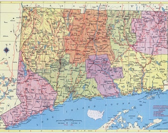 Vintage 1940's Map of Connecticut Giclee Print - Etsy