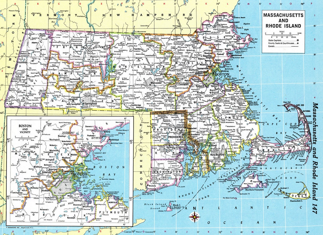 Massachusetts & Rhode Island Map Instant Download Printable Map ...