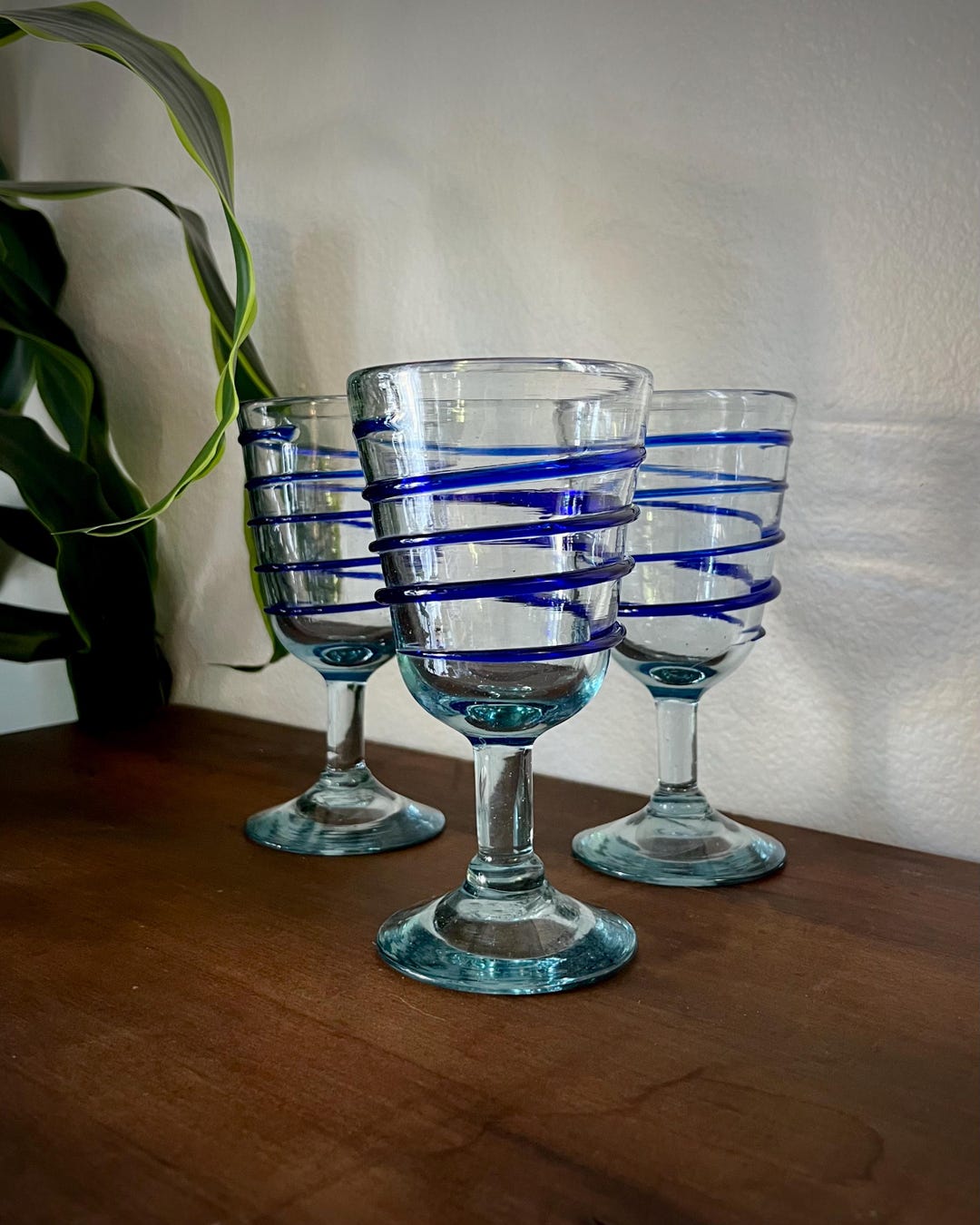 Vintage Hand-blown Mexican Glass Goblets – Cobalt Blue Spiral Design ...