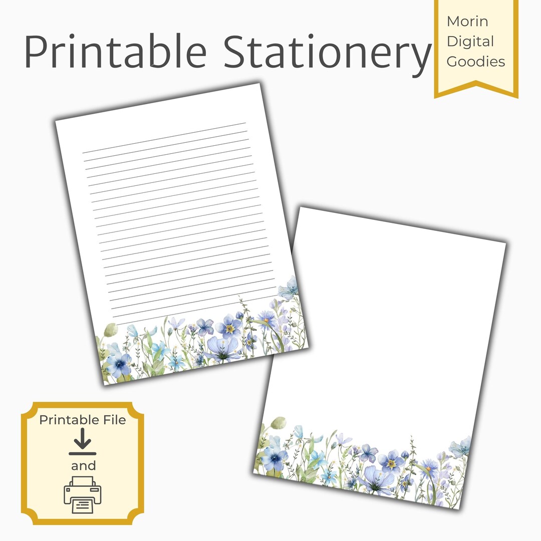 Blue Blooms Printable Stationery, Floral Stationary, Writing Paper ...