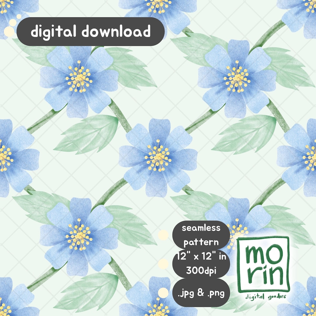 Blue Floral Seamless Pattern, Hand Drawn Flower Design (digital ...
