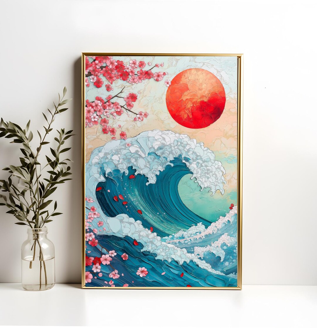 Japanese Wave Cherry Blossom Wall Art, Great Wave Print, Red Sun ...