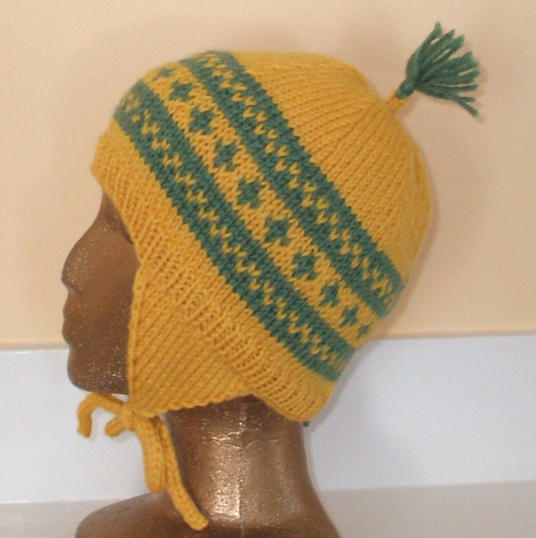 Hand Knit Ear Flap Hat in Warm and Cozy Yellow and Green Wool - Etsy