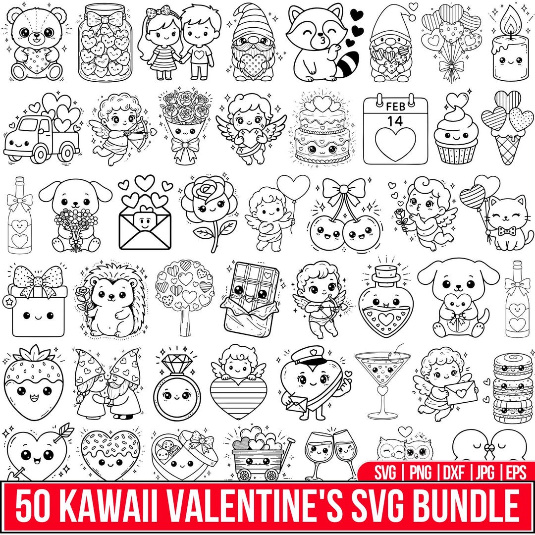 Cute Kawaii Valentine's SVG Bundle, Valentine's Png, Love Svg, Heart ...