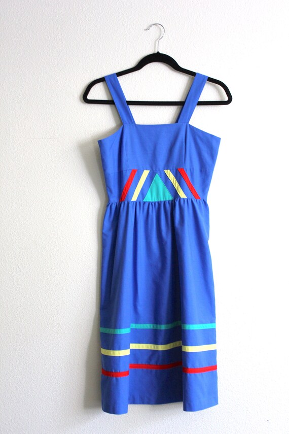70s vintage colorful day dress / bright blue geometri… - Gem