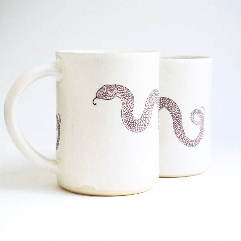 2-snake Mug - 16 & 14 Oz - Mug With Snake, Snake Pottery, White Mug ...