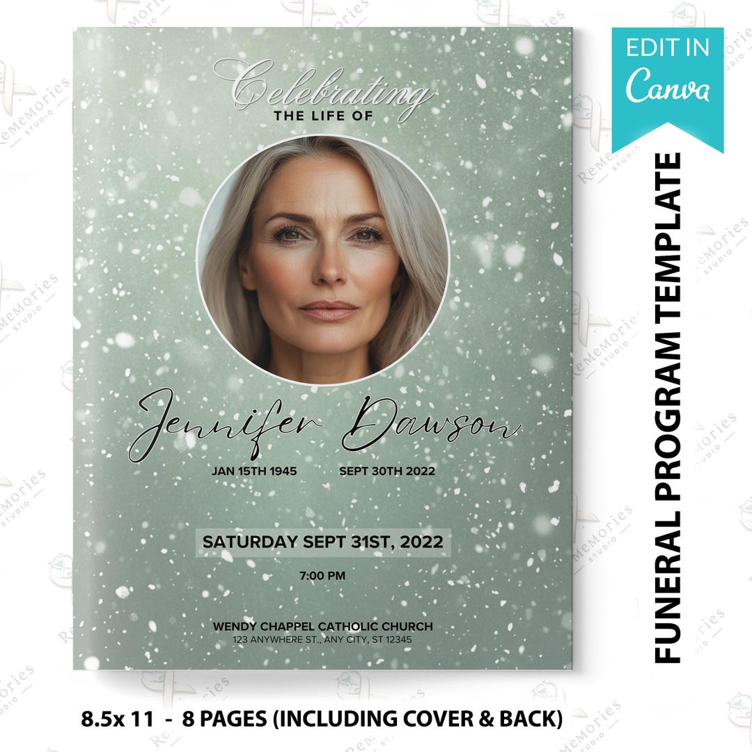 Glass Snowfall Funeral Program | Editable Canva Template | Memorial ...