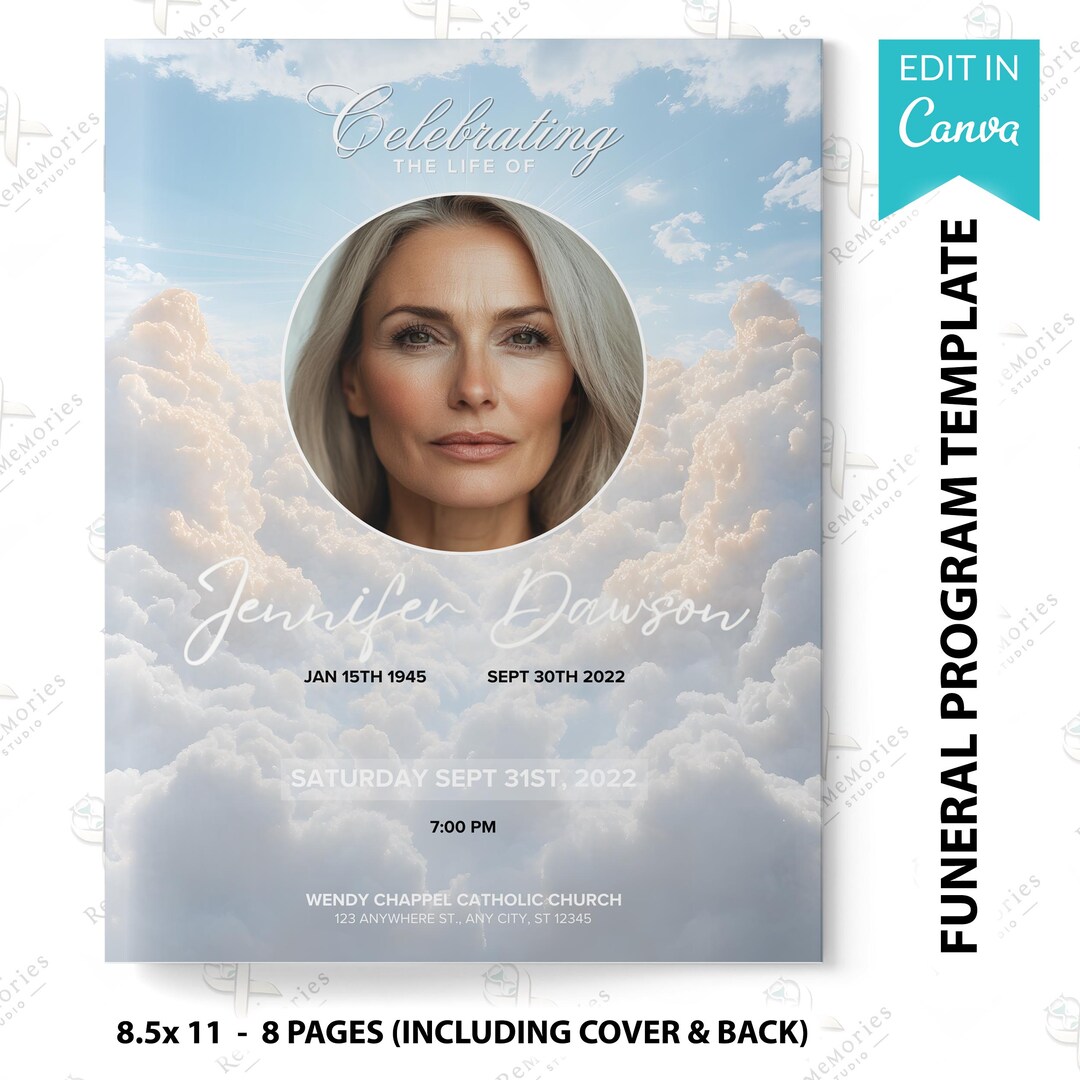 Glass Clouds Funeral Program Template | Celebration of Life (digital ...