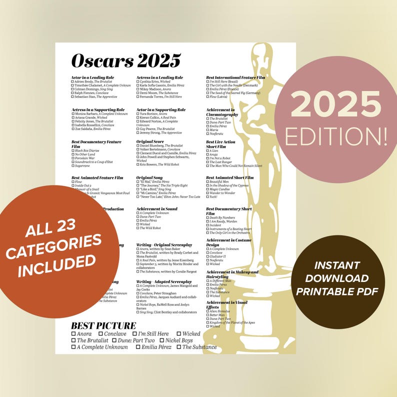 2025 Oscars Ballot | 97th Annual Academy Awards | Printable | Digital ...