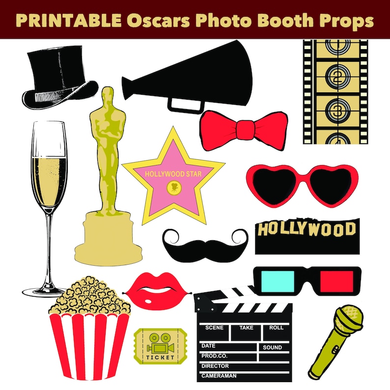 PRINTABLE DIY Oscar Party Photo Booth Props | Movie Night Photo Booth ...