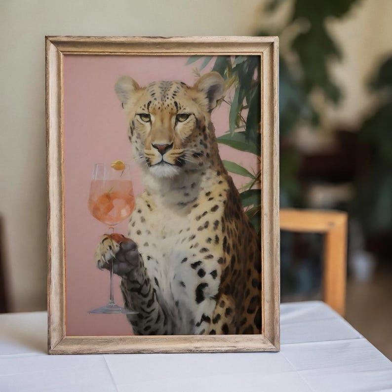 Cheetah Cocktail Art Print: Funny Jungle Bar Decor (digital Download ...