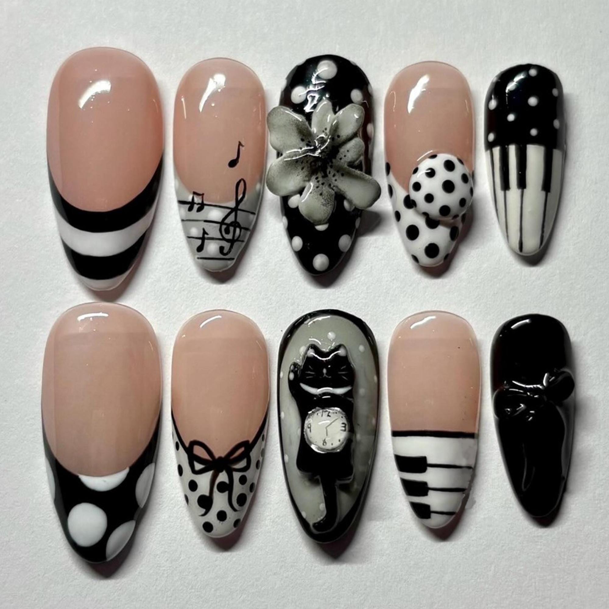 Handmade Retro Music Press on Nails | 3D Flower, Piano Keys, Cat Clock ...