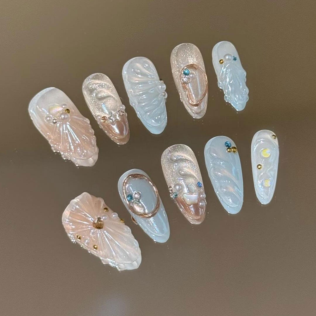 Handmade Pearl Shell Press on Nails | 3D Iridescent Wave & Gemstone Art ...