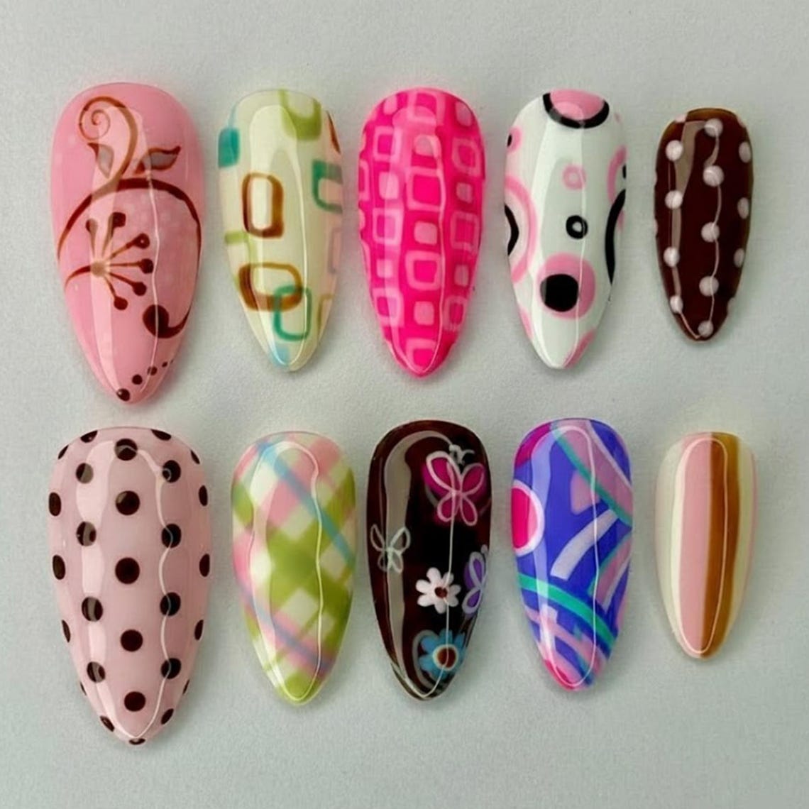 Handmade Retro Y2K Pop Art Press on Nails | Geometric Squares, Polka ...
