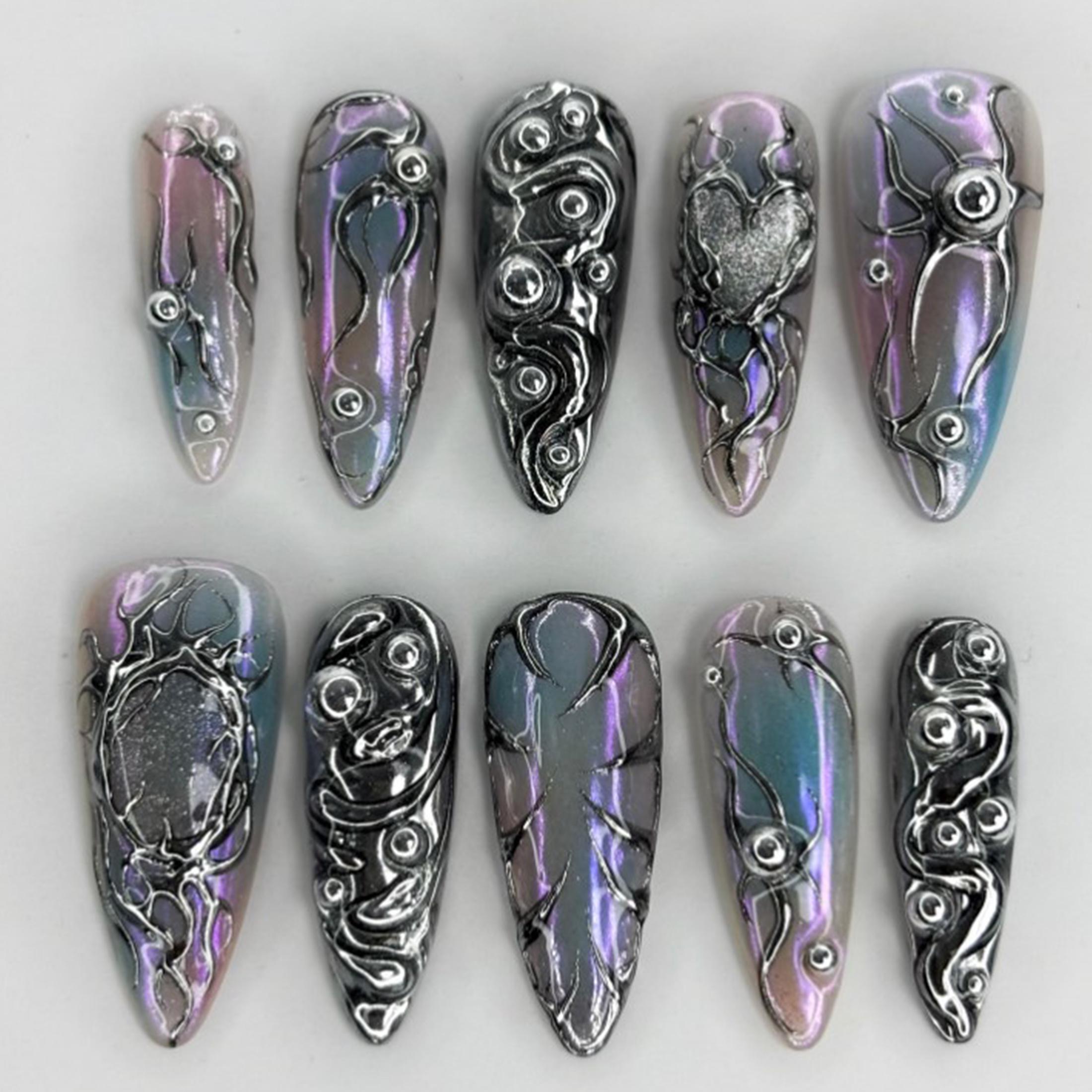 Molten Metal Chrome Press on Nails, 3D Liquid Texture With Silver Armor ...