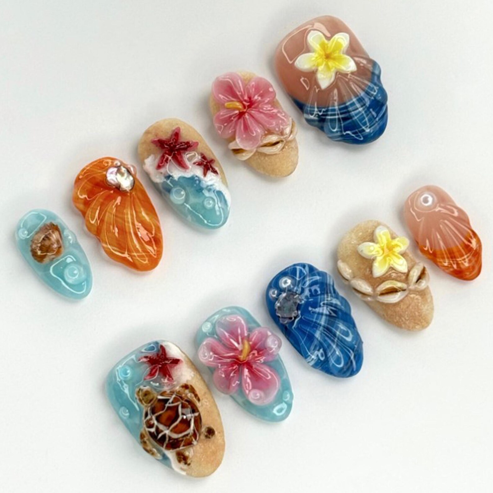 Handmade Tropical Beach Press on Nails | 3D Hibiscus, Starfish, Shells ...