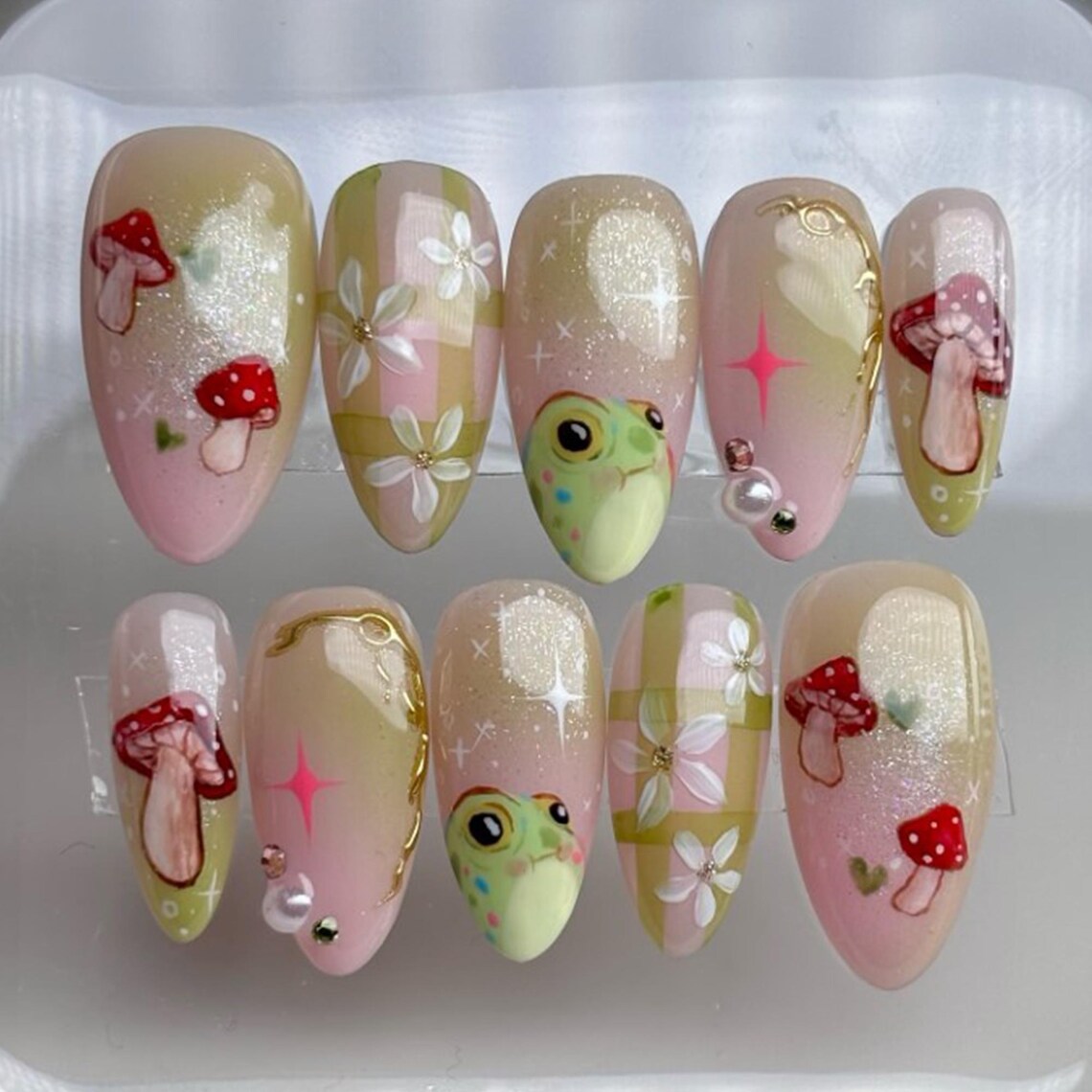 Handmade Cottagecore Fairy Press on Nails | Frog, Mushrooms, Flowers ...