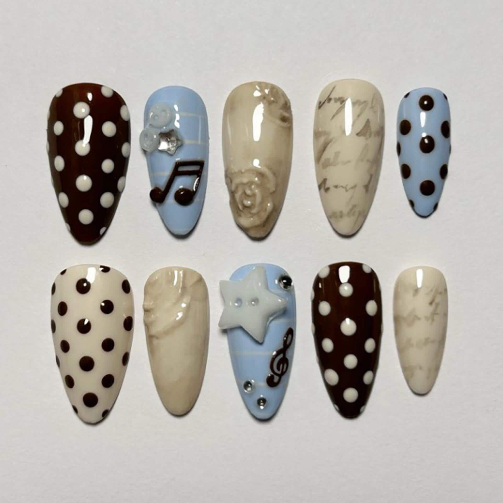 Handmade Vintage Music Press on Nails | Polka Dots, Notes, Script ...