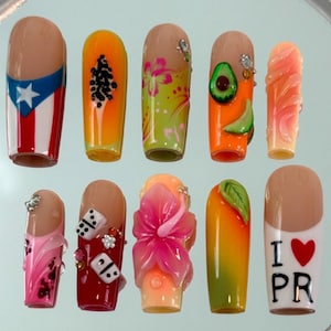 Handmade Puerto Rico Press on Nails | 3D Avocado, Hibiscus, Flag ...