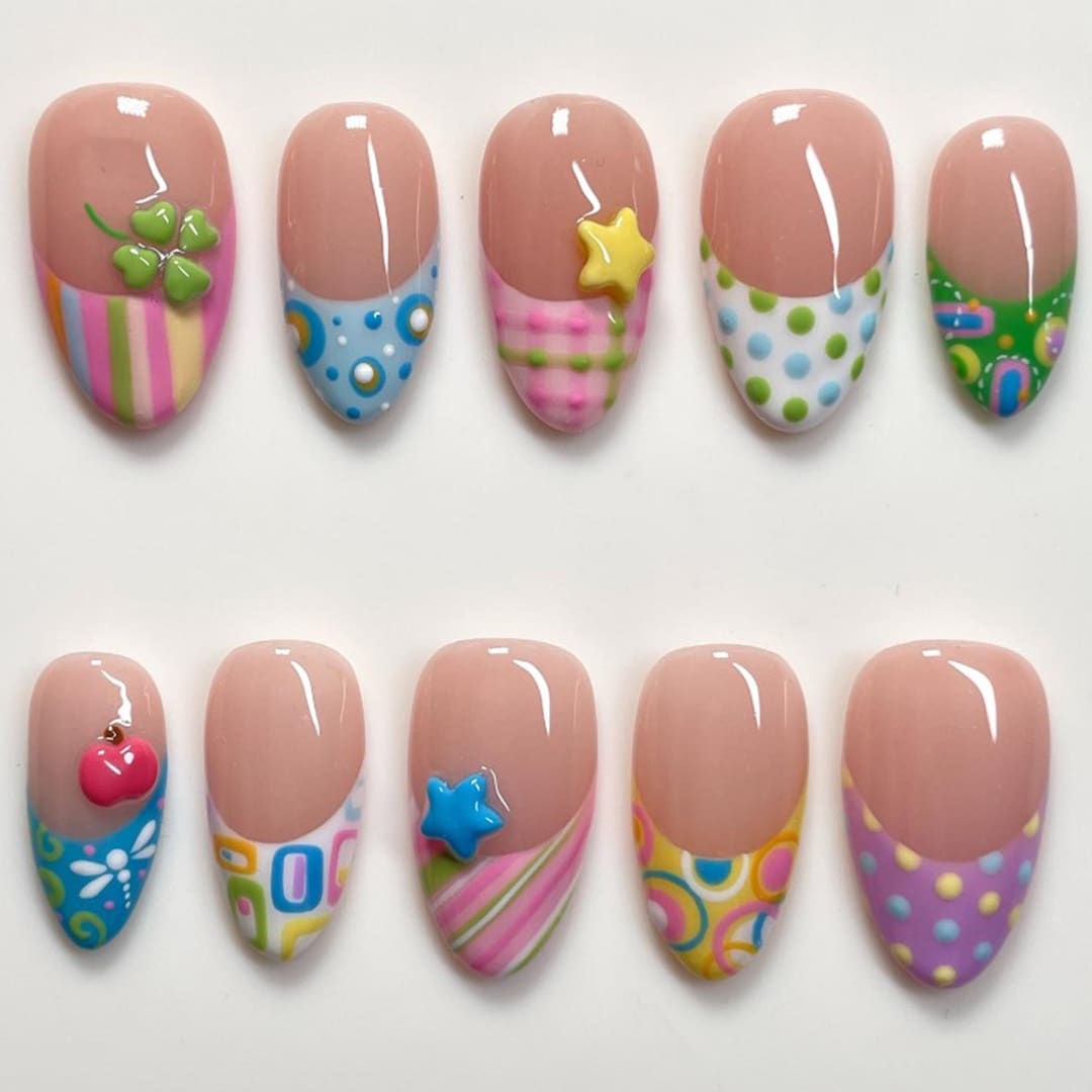 Handmade Funky Pastel Press On Nails | Stars, Clover, Polka Dots ...