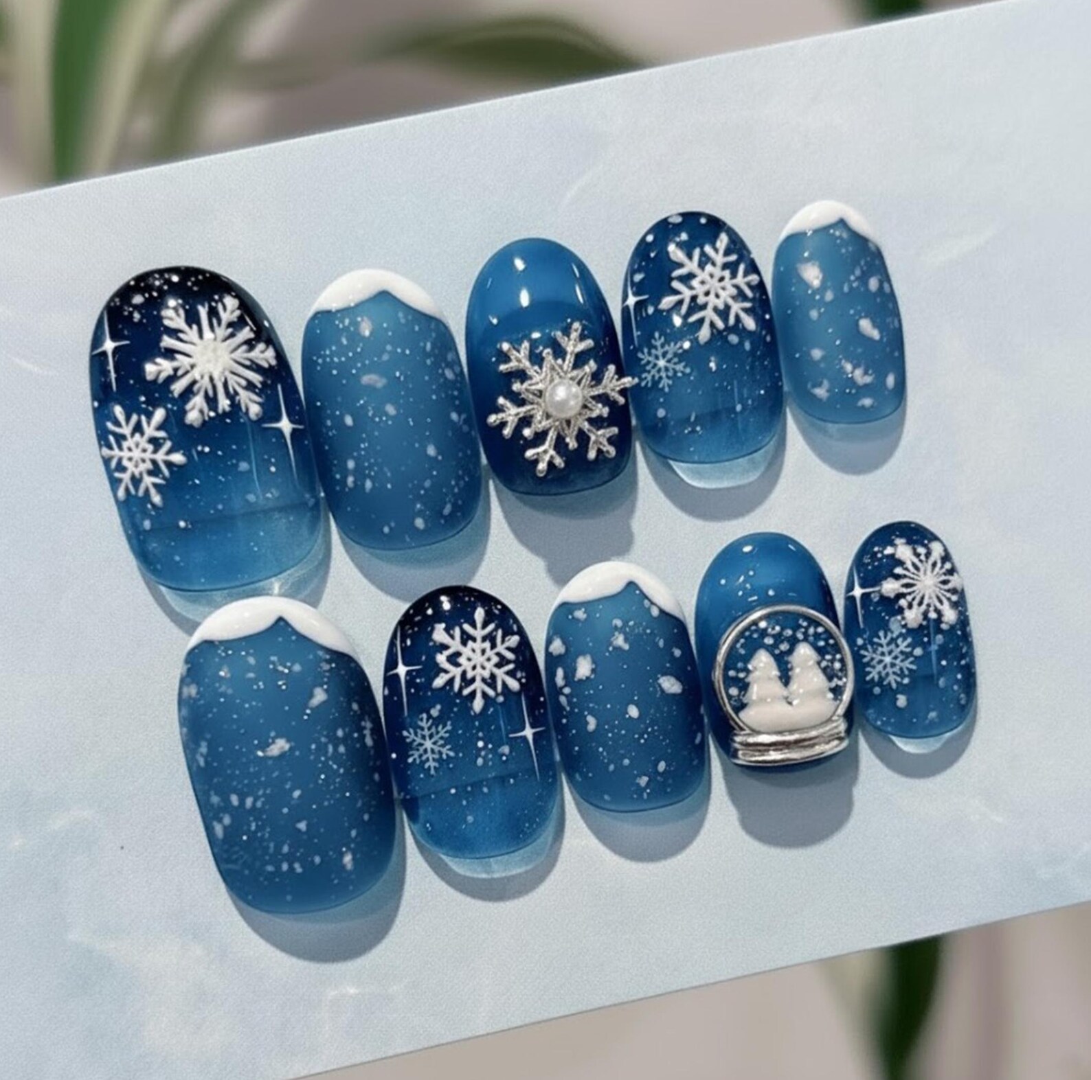 Handmade Frozen Winter Press on Nails | Blue Snowflakes, Icy Pearl ...