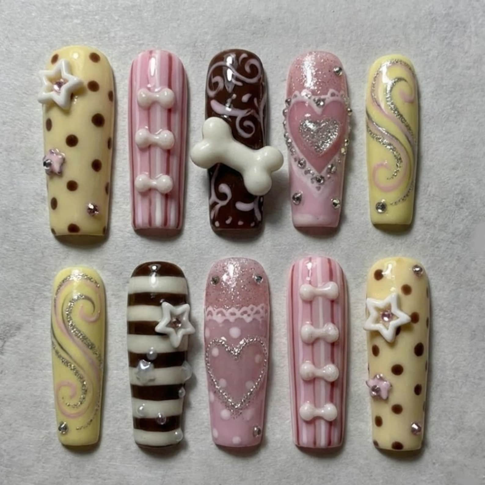Handmade Sweet Kawaii Press on Nails | 3D Bone Charm, Chocolate Polka ...