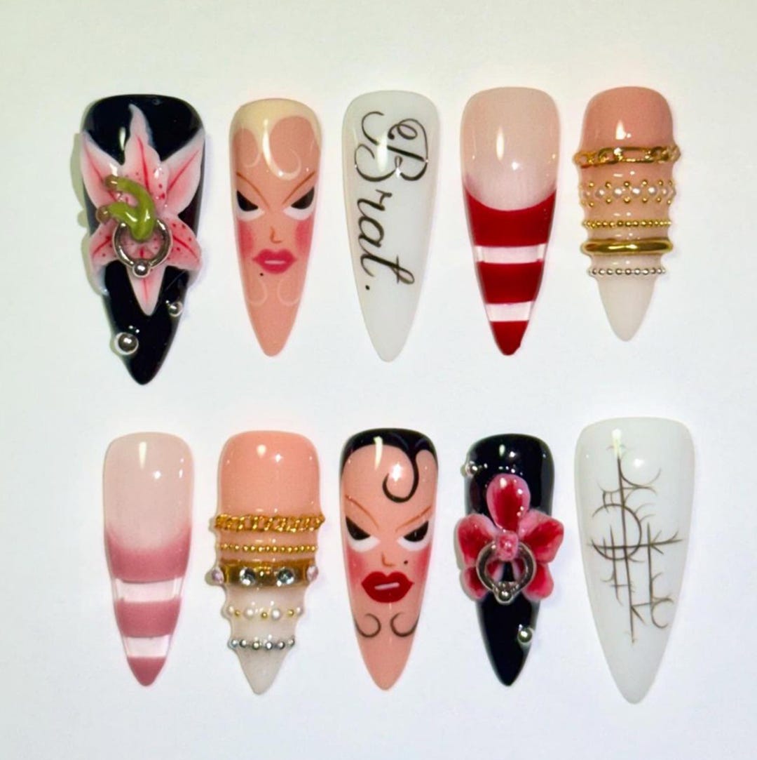 Handmade Bratz Diva Press on Nails | 3D Flowers, Faces & Gold Pearl ...