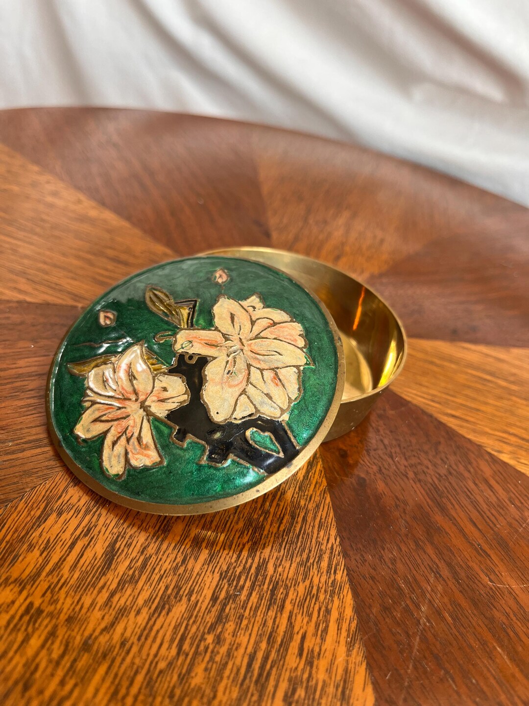 Vintage Brass Enamel Trinket Box With Floral Lid – Hand-painted Flower ...